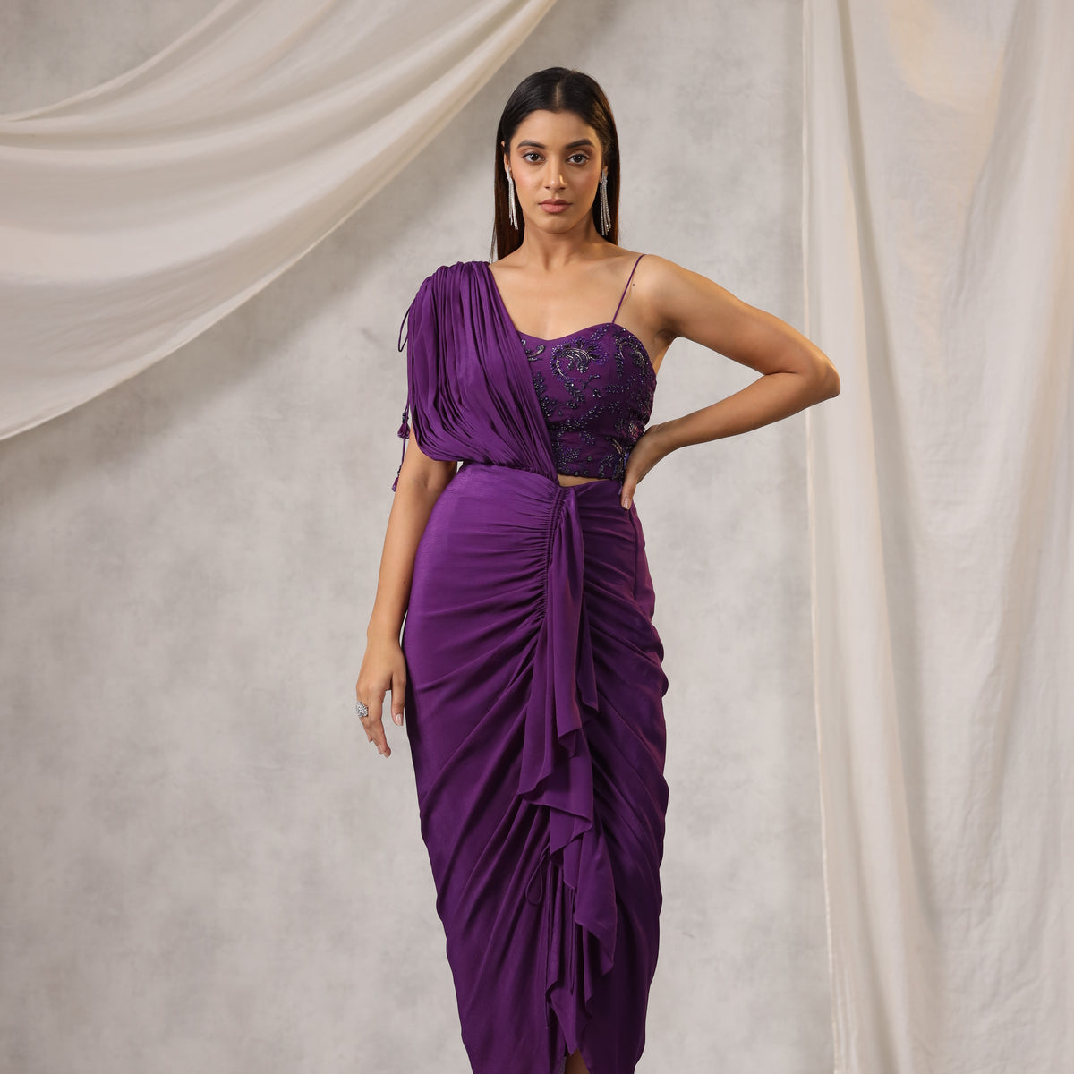 PURPLE DRAPED DRESS WITH EMBROIDERED BLOUSE – K.Anshika